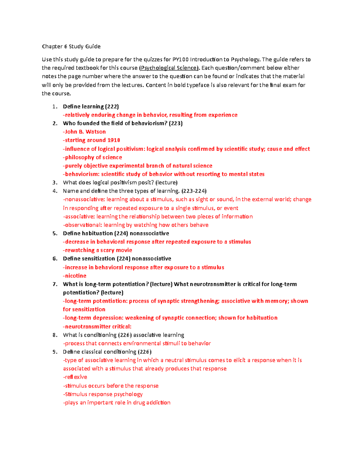 Chapter 6 Study Guide, Psychology - Chapter 6 Study Guide Use this ...