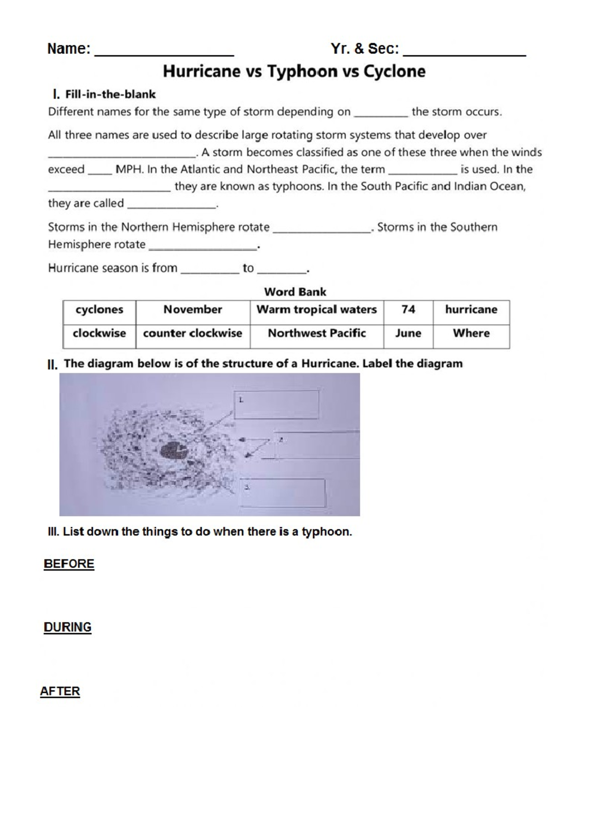 Grade 8 worksheet-Typhoons - Name: Yr. Sec: Hurricane vs Typhoon vs ...