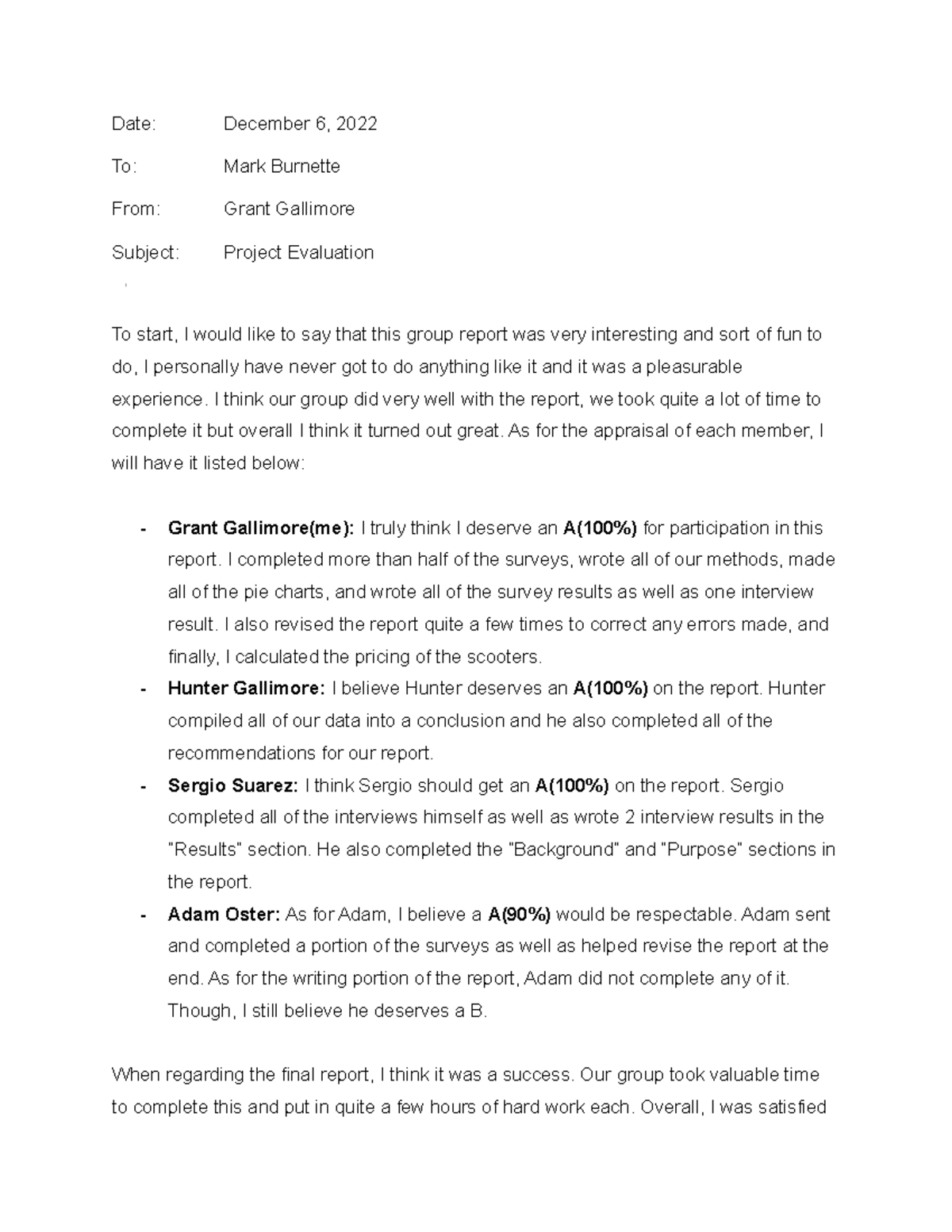 Final Report Memo - Date: December 6, 2022 To: Mark Burnette From ...