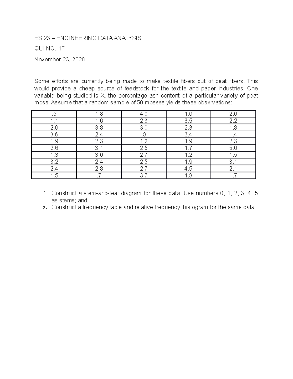 ES 23 Quiz No. 1f - ES23 Engineering Data Analysis - ES 23 ...
