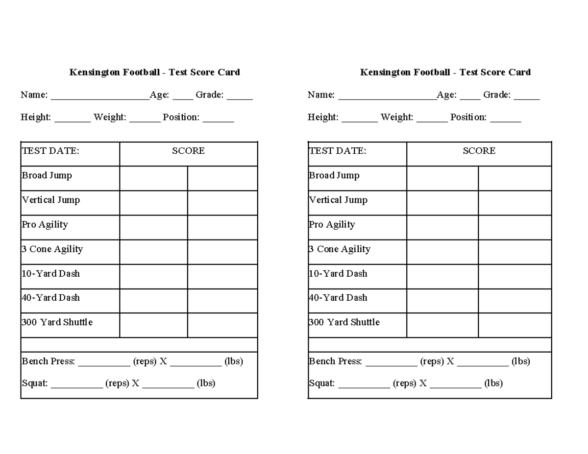 Off season testing score - Kensington Football - Test Score Card Name
