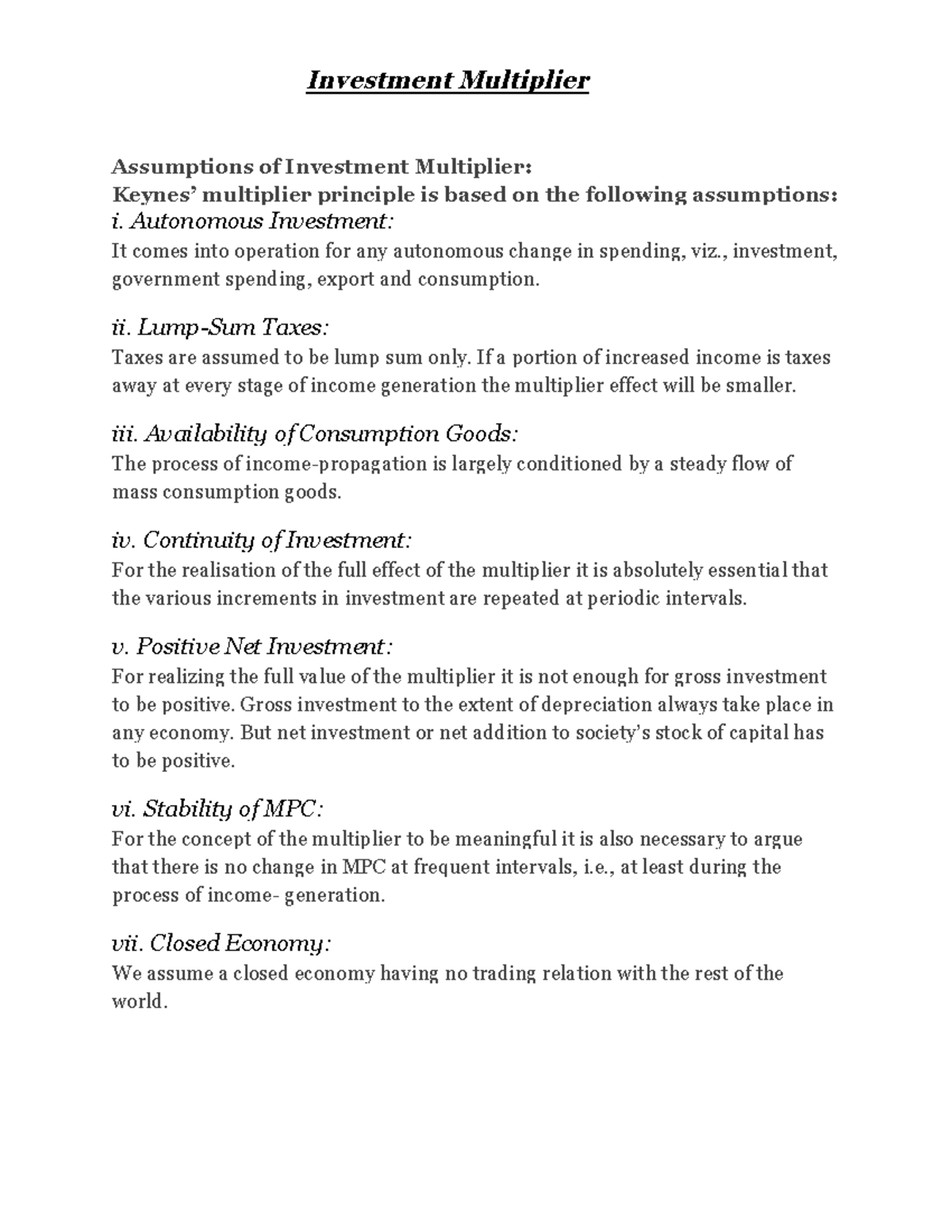 Economics part 3 - Investment Multiplier Assumptions of Investment ...