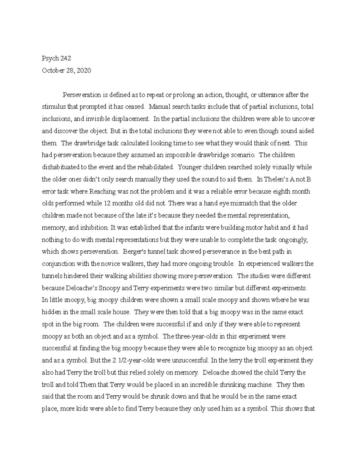 Psych 242 Weekly Response 5 - Psych 242 October 28, 2020 Perseveration ...