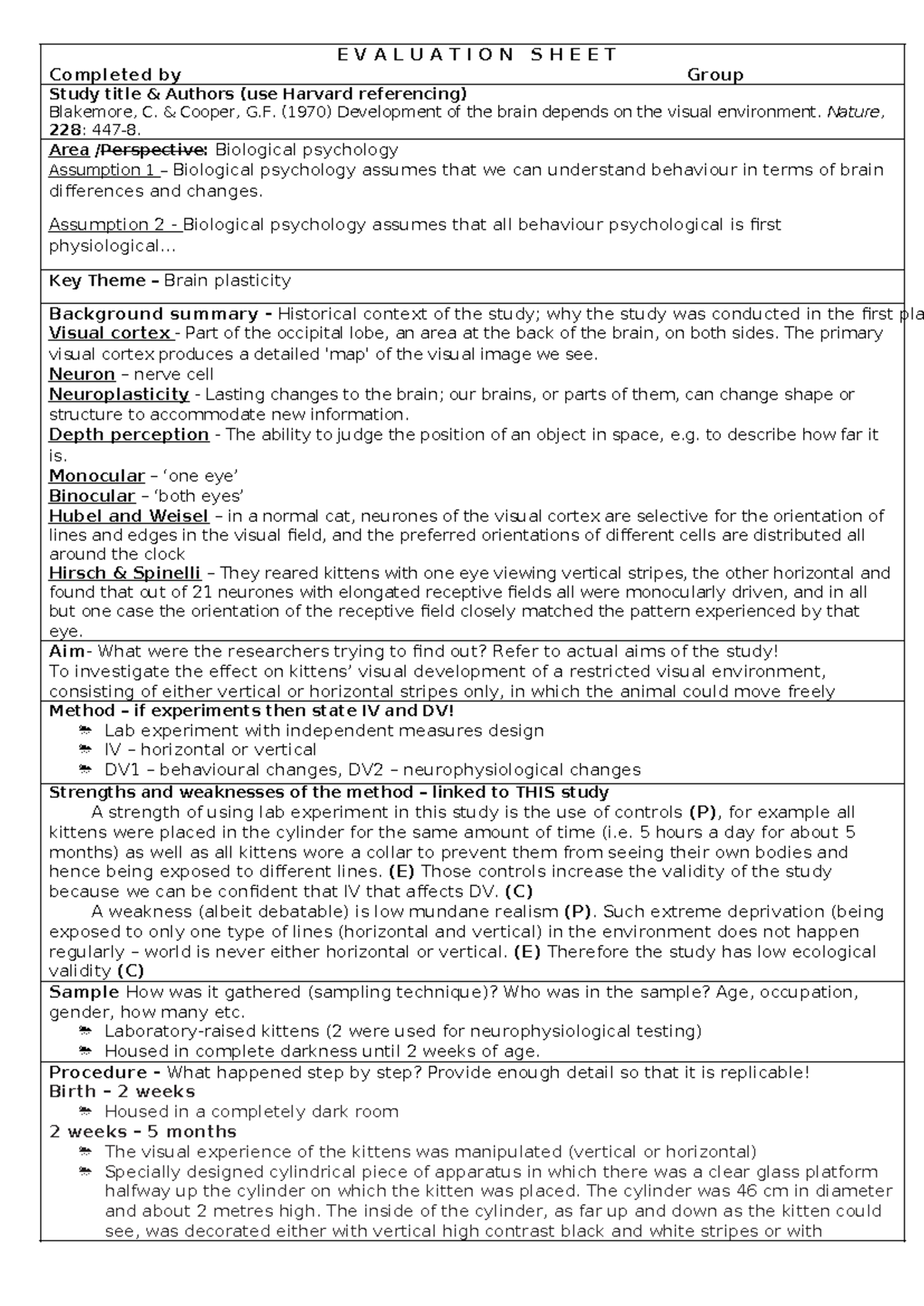 Blakemore and Cooper e-sheet - E V A L U A T I O N S H E E T Completed ...