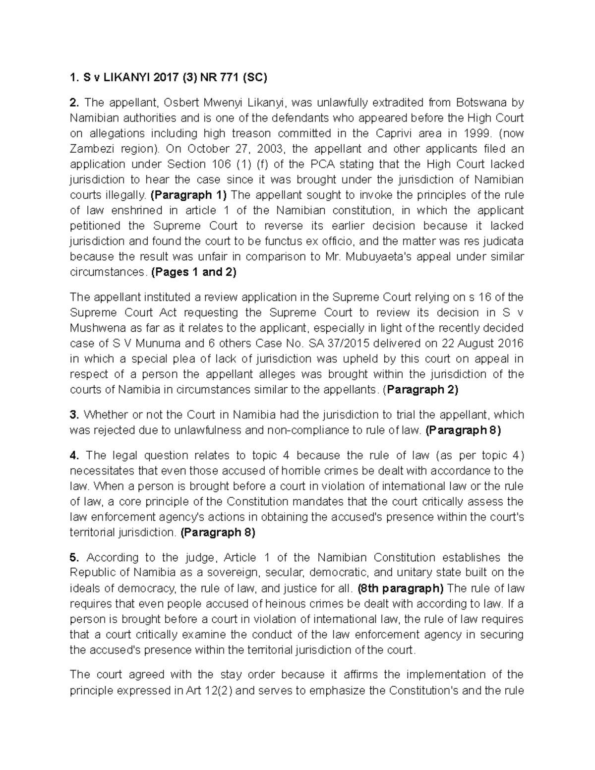 Workshop topic 4 - case law - S v LIKANYI 2017 (3) NR 771 (SC) The ...