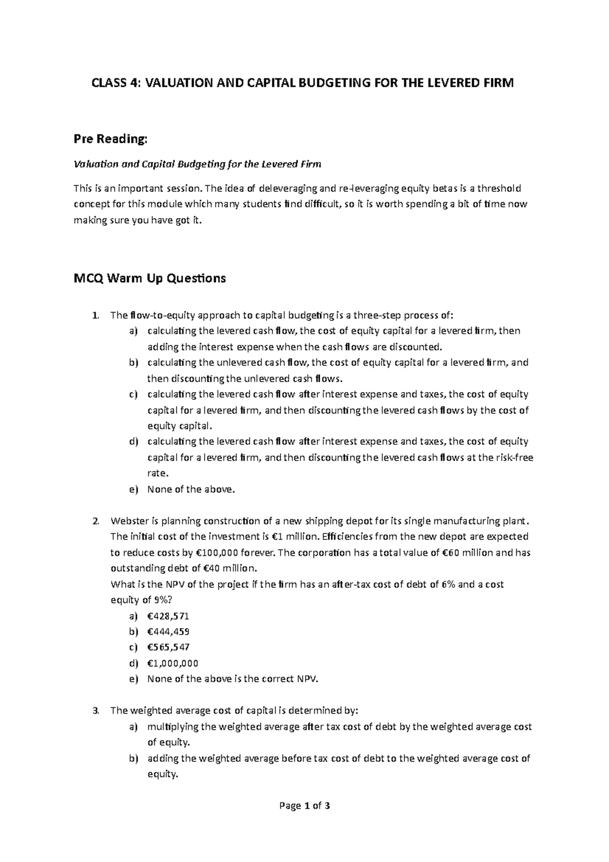 Class 4 Preparation - Seminar - CLASS 4: VALUATION AND CAPITAL ...