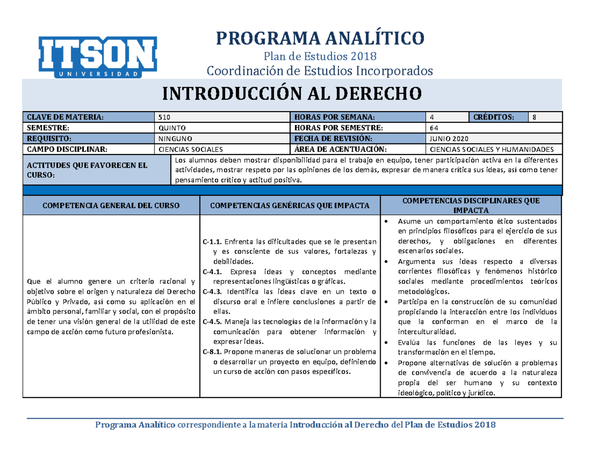 510 IntroduccióN AL Derecho Programa AnalíTICO PLAN DE Estudio 2018 ...