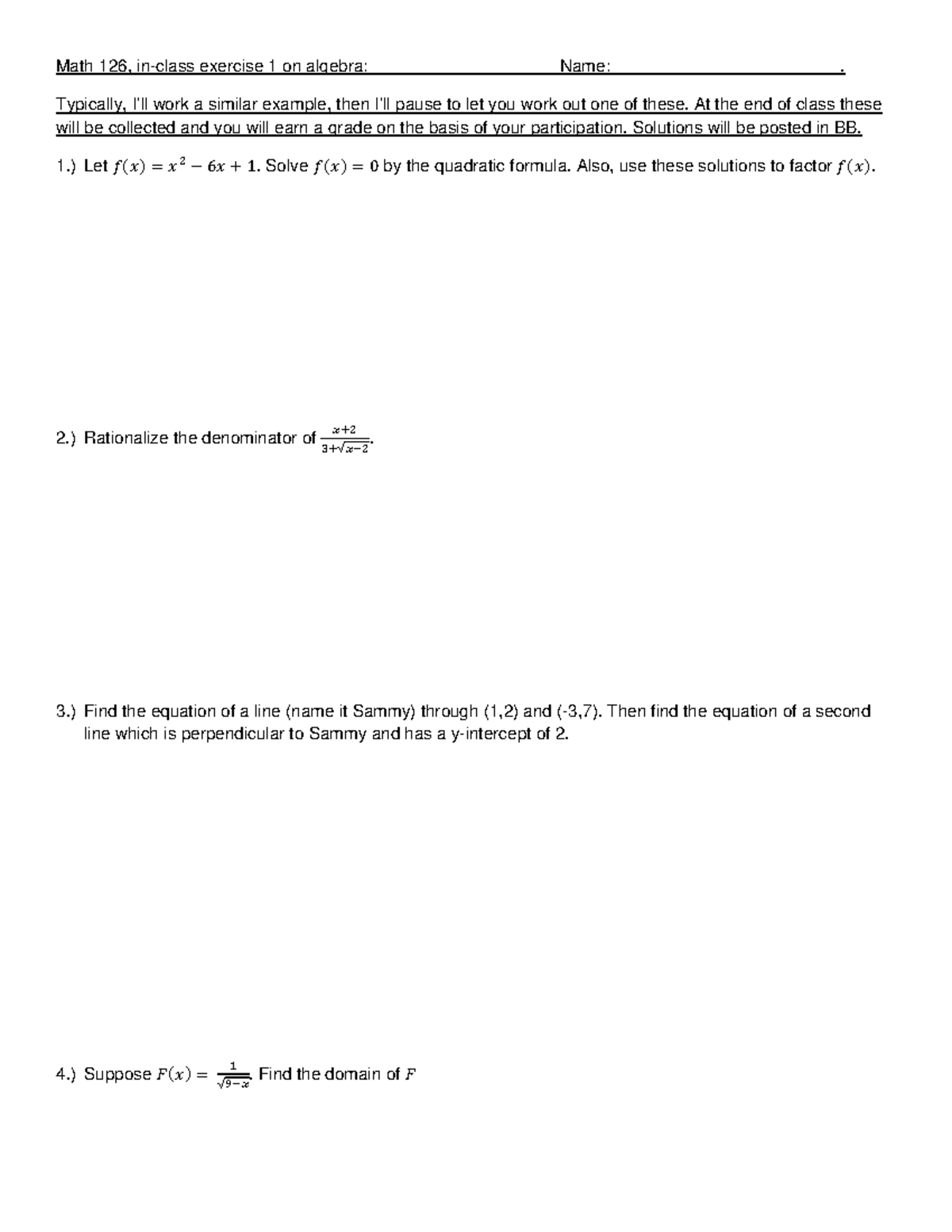 Seminar assignments - In class exercise 1 - Math 126, exercise 1 on ...