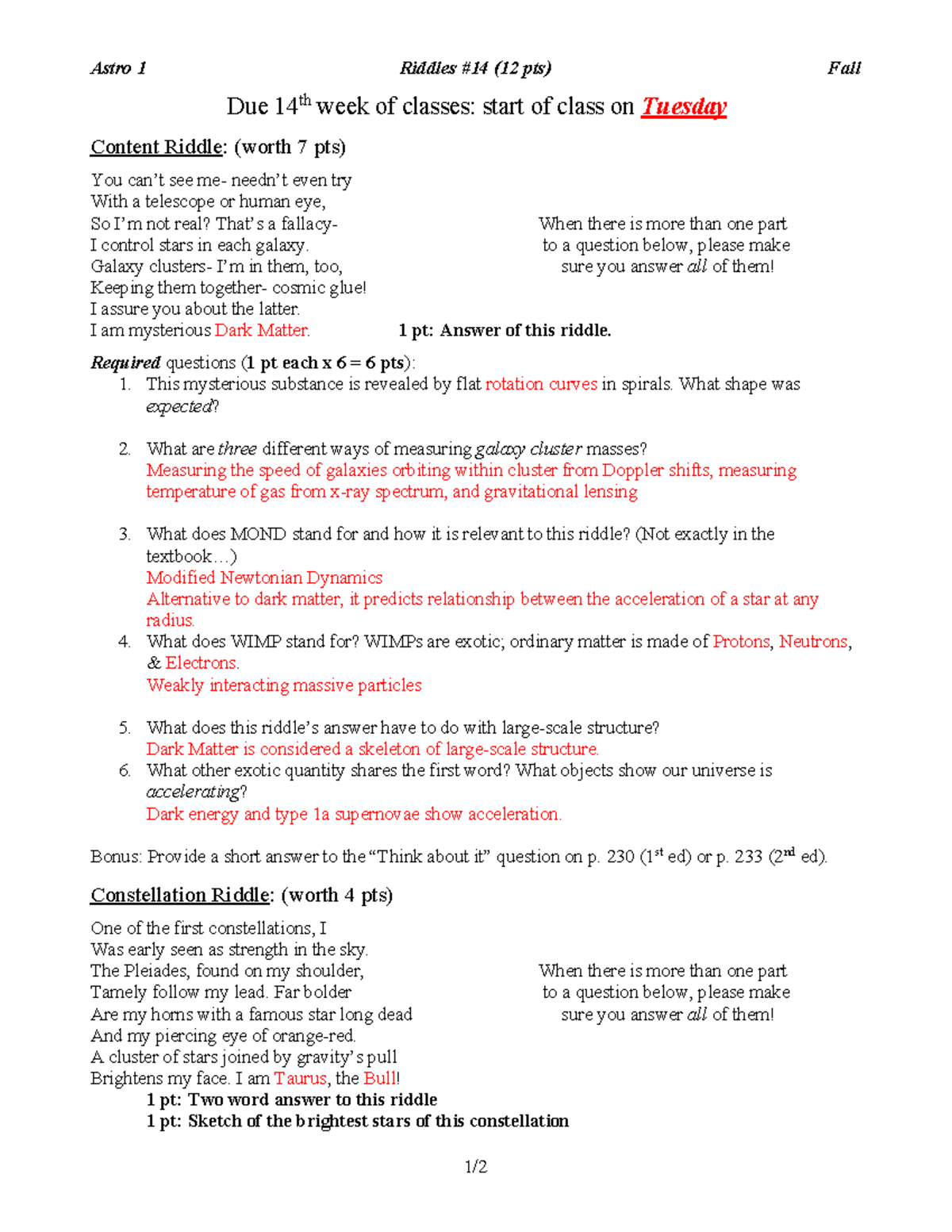 Riddles 1 4Fa-1 - DR. KIM HERMAN - Astro 1 Riddles #14 (12 pts) Fall 1 ...