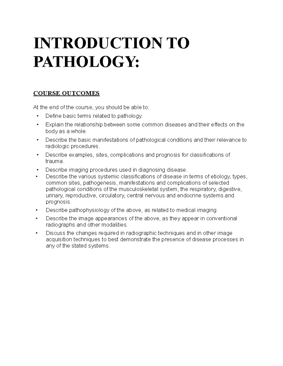 Introduction to pathology - INTRODUCTION TO PATHOLOGY: COURSE OUTCOMES ...