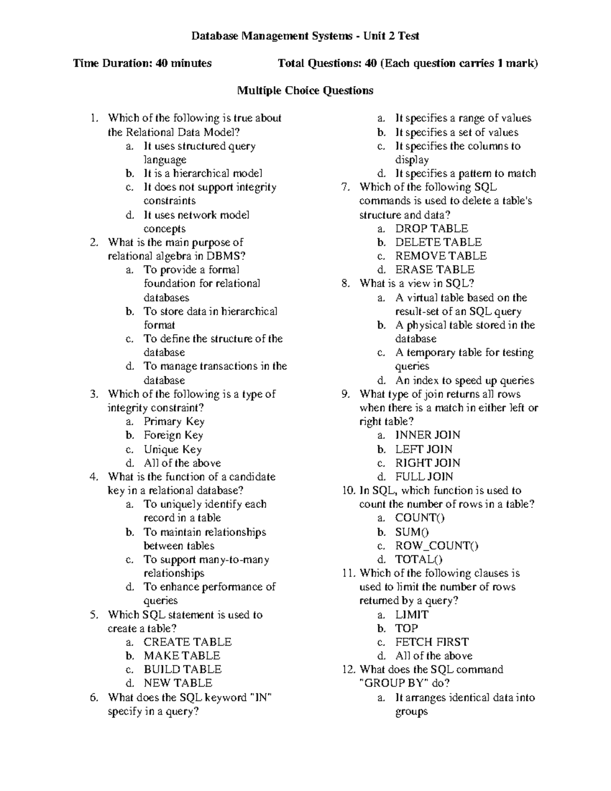 Unit test dbms 2 - Database Management Systems - Unit 2 Test Time ...