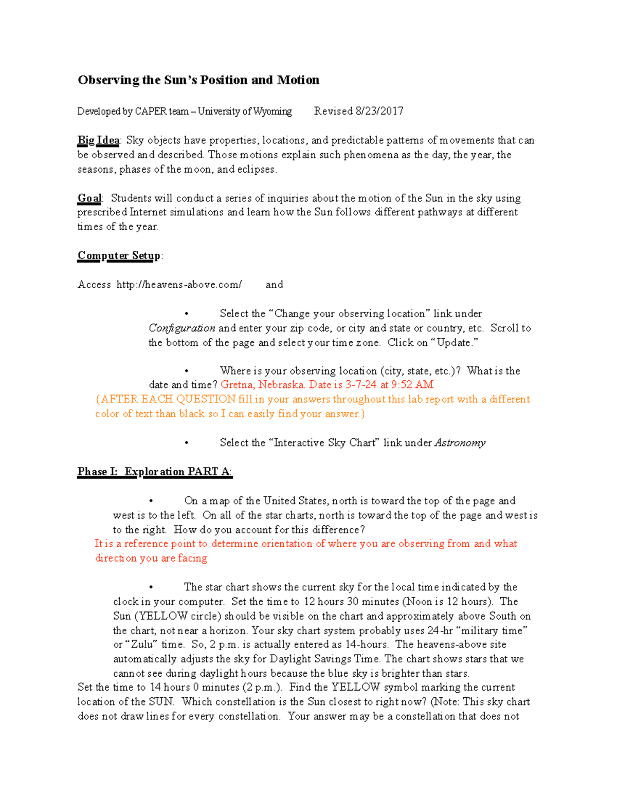 Sun s Position Lab - Observing the Sun’s Position and Motion Developed ...
