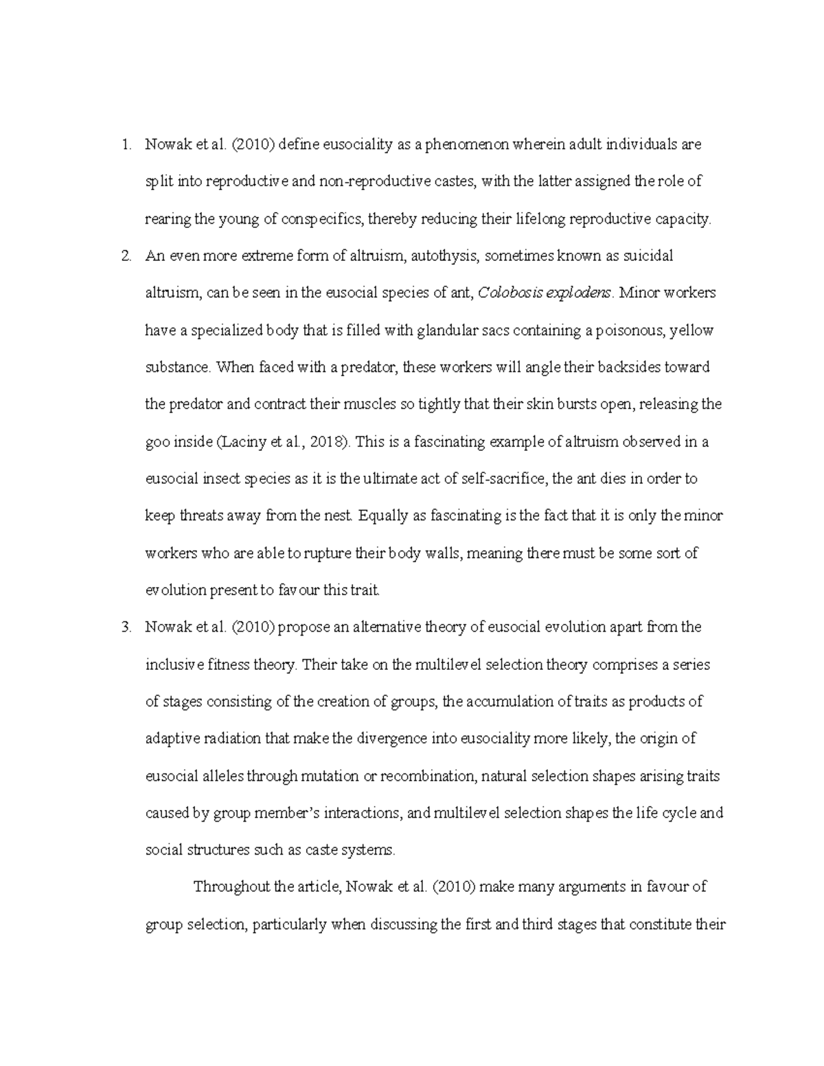 BIO PSYC3750 Sociality - Nowak et al. (2010) define eusociality as a ...