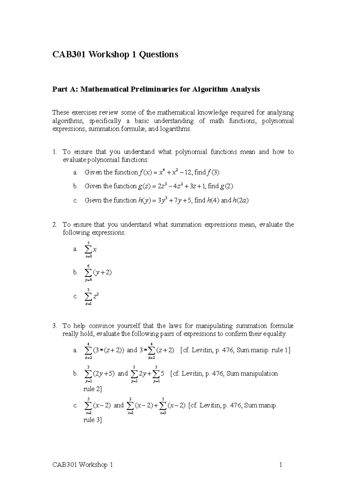 W2 prac - Prac worksheet - CAB301 Workshop 1 1 CAB301 Workshop 1 Questions Part A: Mathematical ...