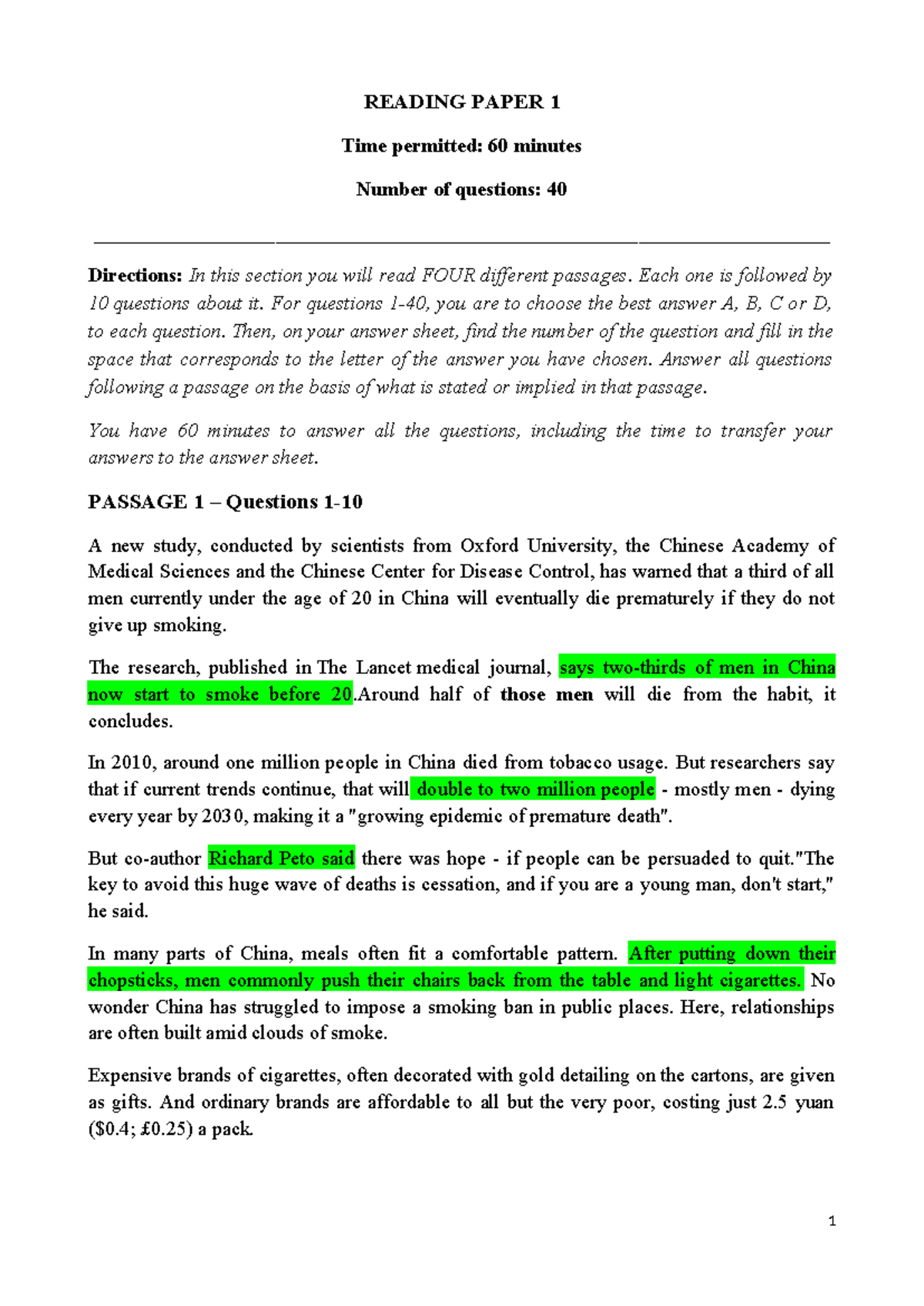 Reading-Test-1 - READING PAPER 1 Time permitted: 60 minutes Number of ...