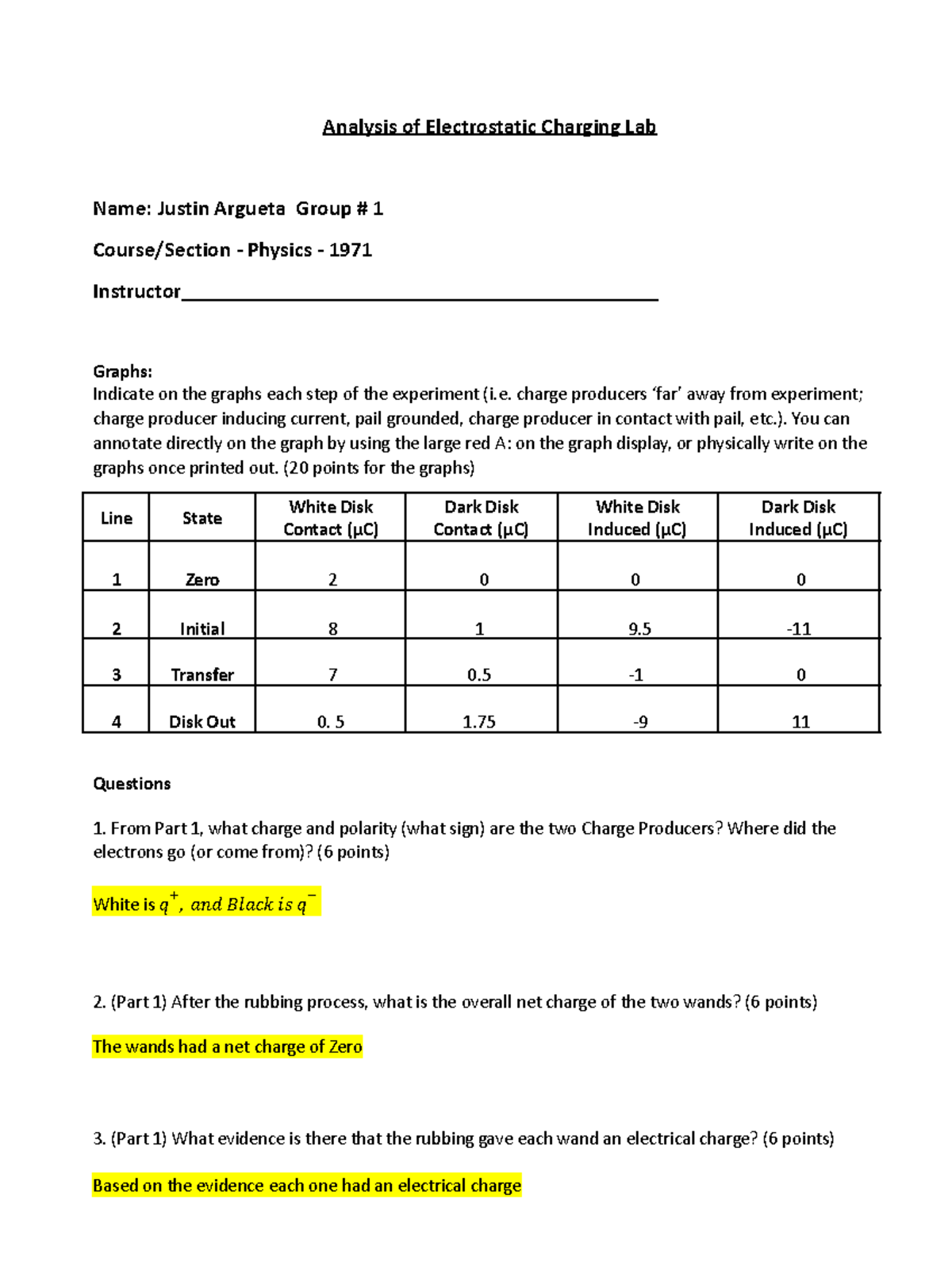Electrostatic Charging Lab Edited 8 - Analysis of Electrostatic ...