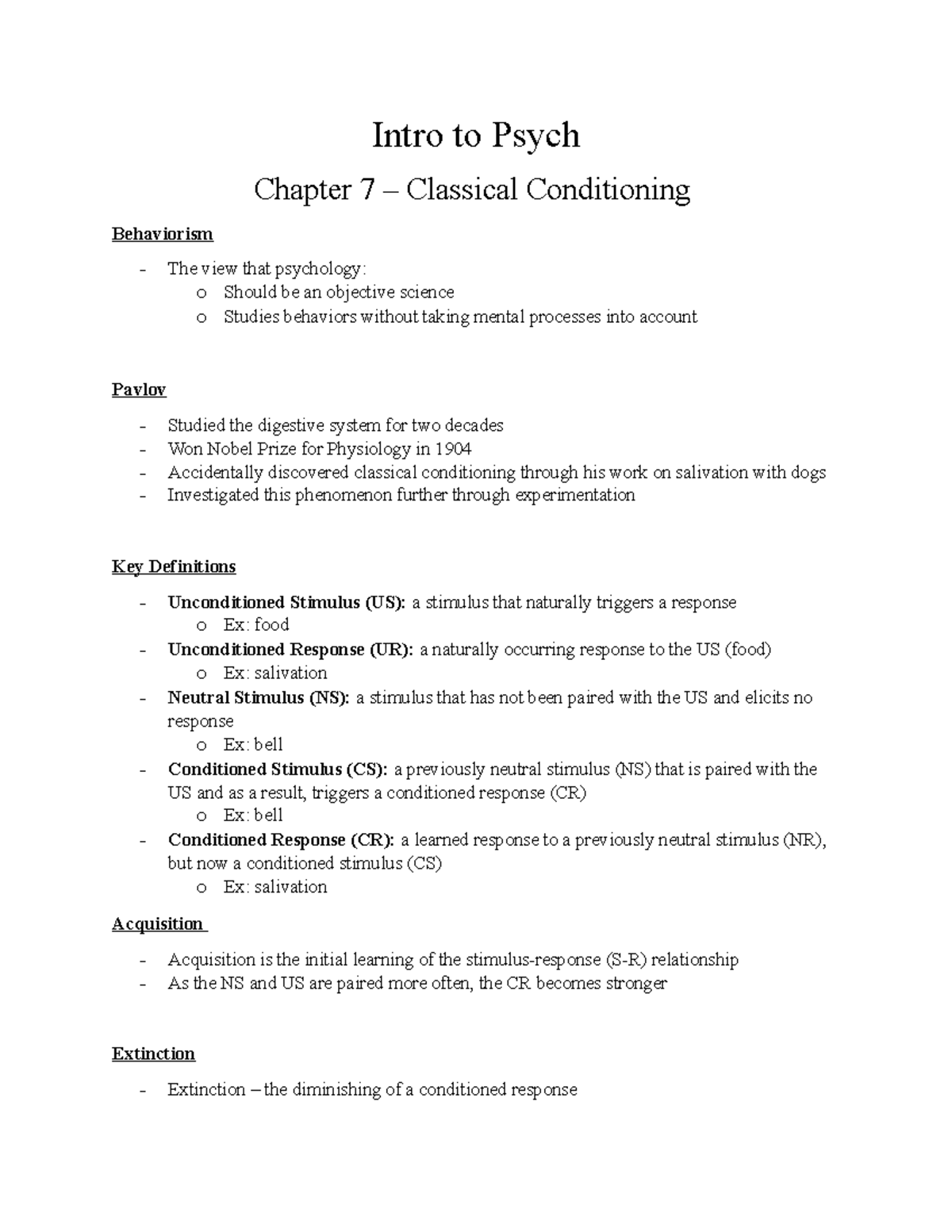 Chapter 7 - Classical Conditioning - Once extinction occurs, the US CS ...