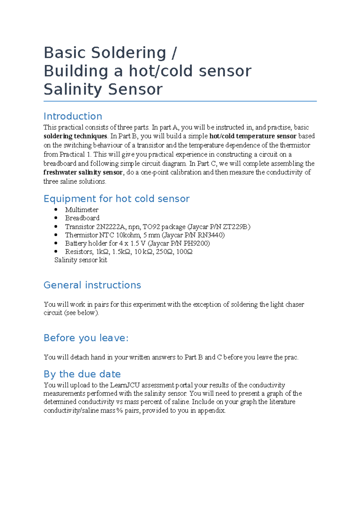 SC3010 Prac 2 2019 V2 - Basic Soldering / Building a hot/cold sensor Salinity Sensor ...