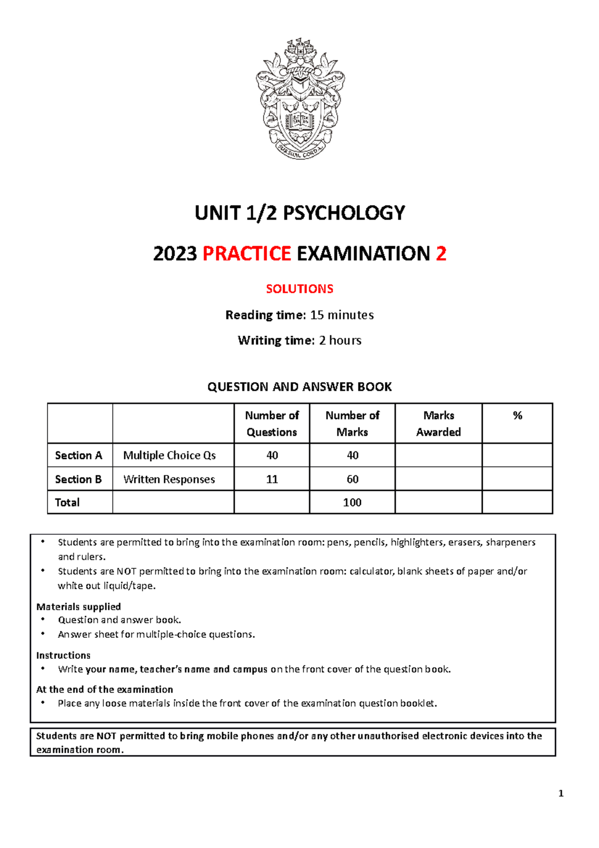 Psychology end of year exam practice solutions - FSO UNIT 1/2 ...