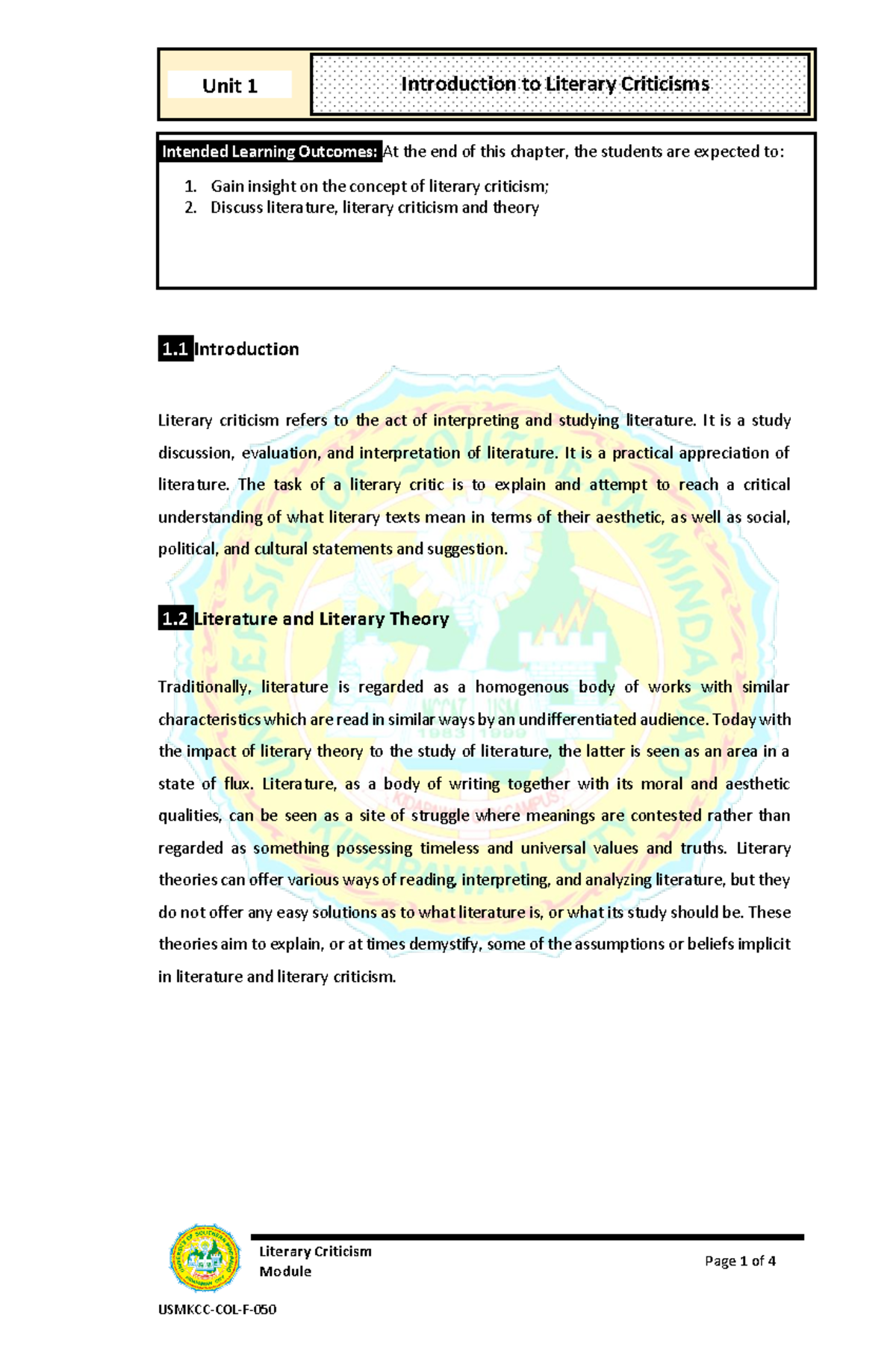 Unit-1 - This will help you in your studies - Literary Criticism Module Page 1 of 4 Intended ...