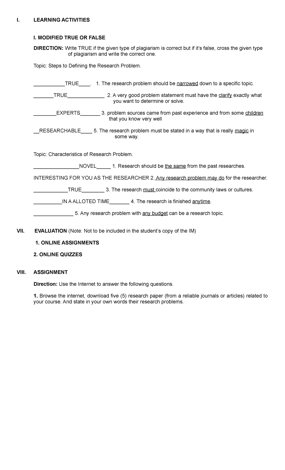 Learning- Activities 3 - I. LEARNING ACTIVITIES I. MODIFIED TRUE OR ...