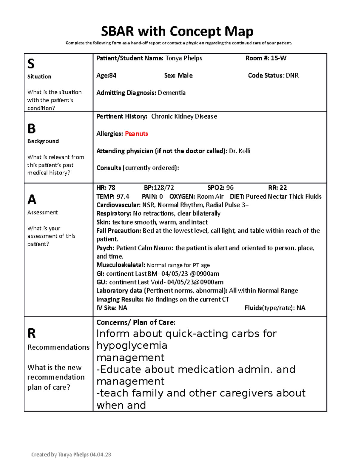 SBAR - Dementia - SBAR and Concept - Created by Tonya Phelps 04. SBAR ...