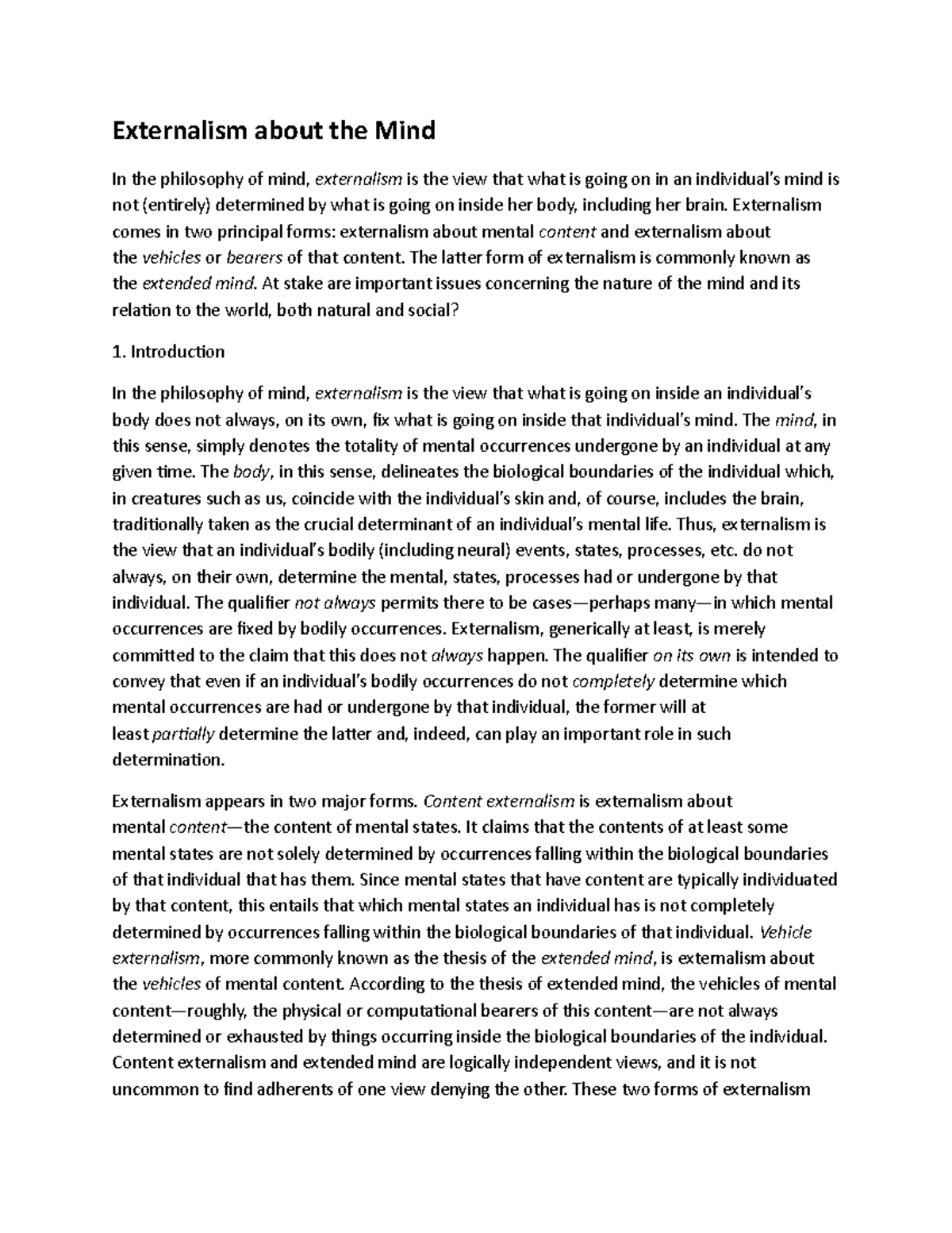 Lecture in Externalism about the Mind - Externalism about the Mind In ...