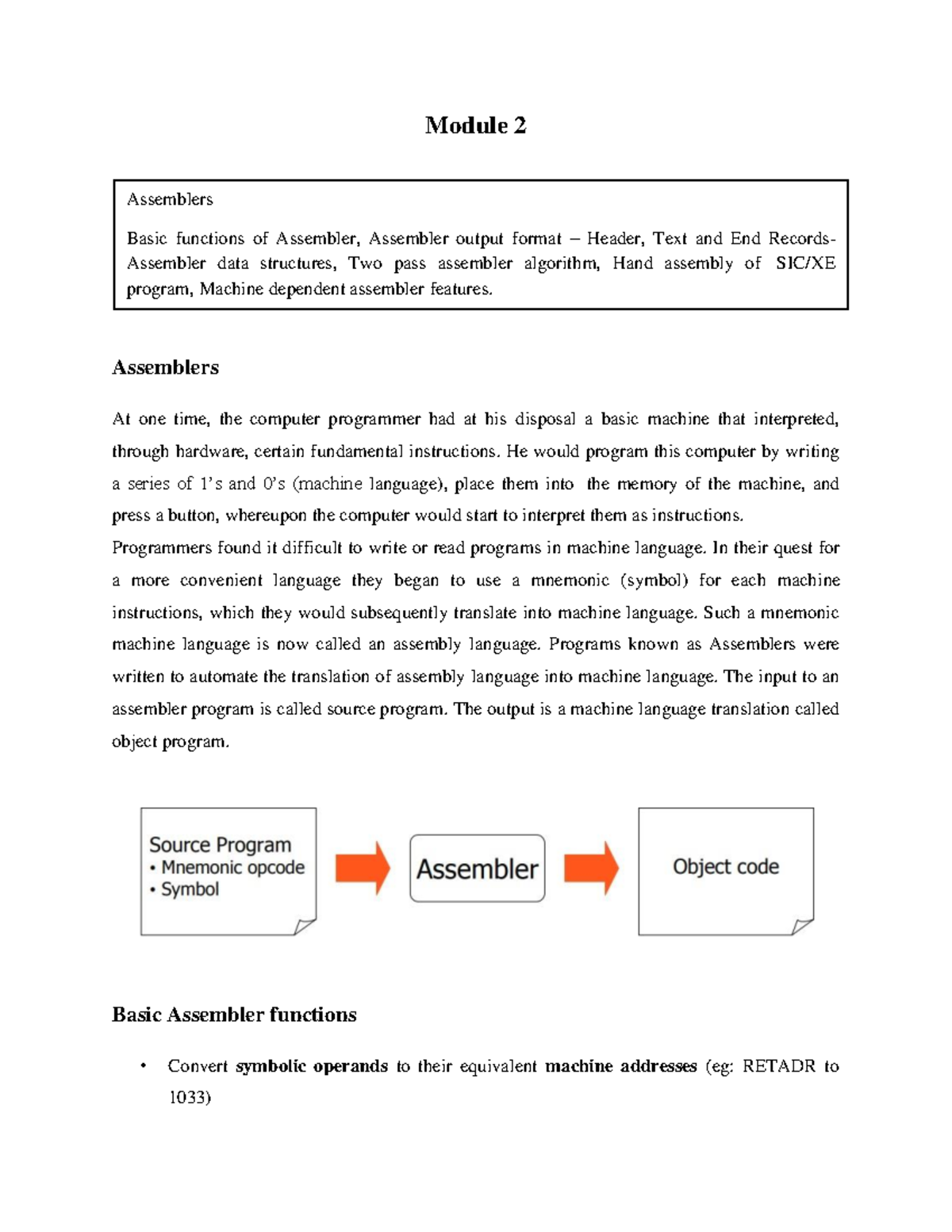 Module 2 notes system software - Assemblers Basic functions of ...