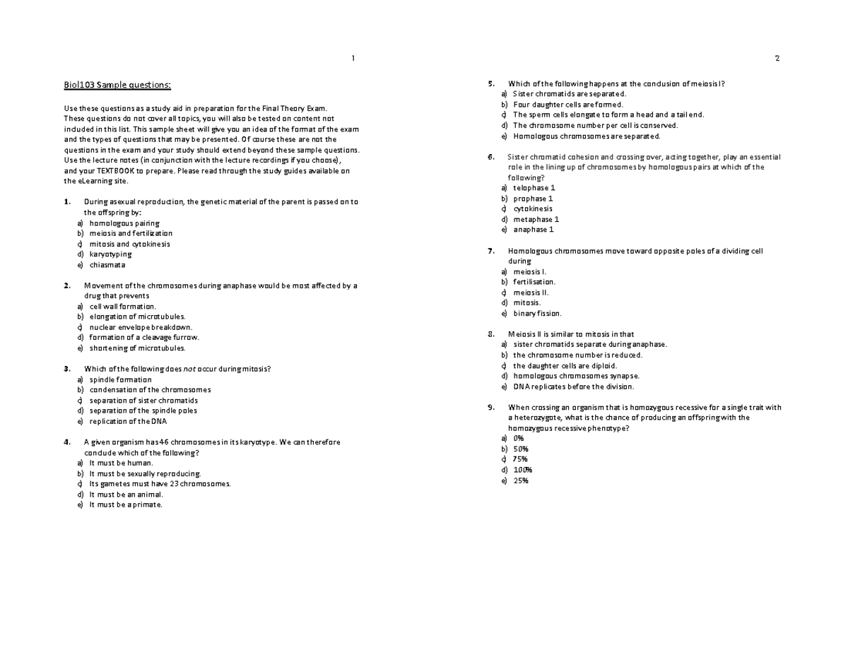 Final 2019, questions and answers - Warning: TT: undefined function: 32 Biol103 Sample questions ...