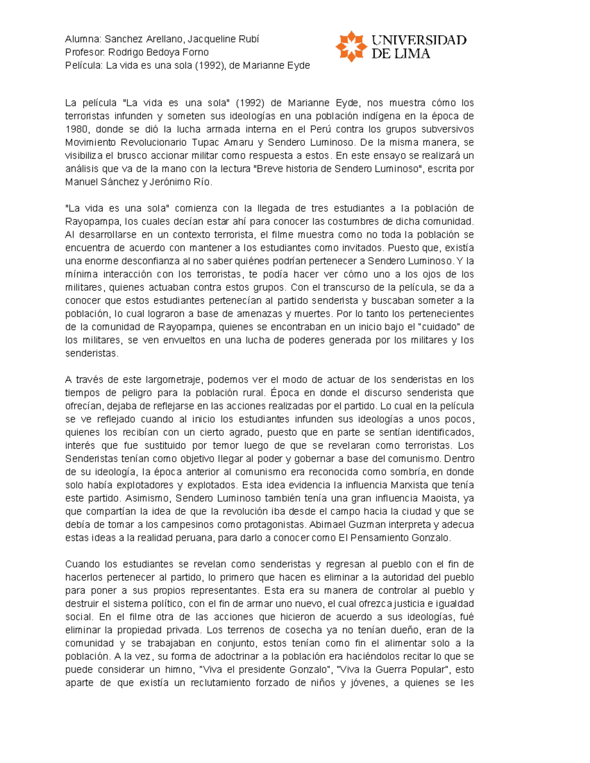Analisis de la pelicula La vida es una sola - Alumna: Sanchez Arellano ...