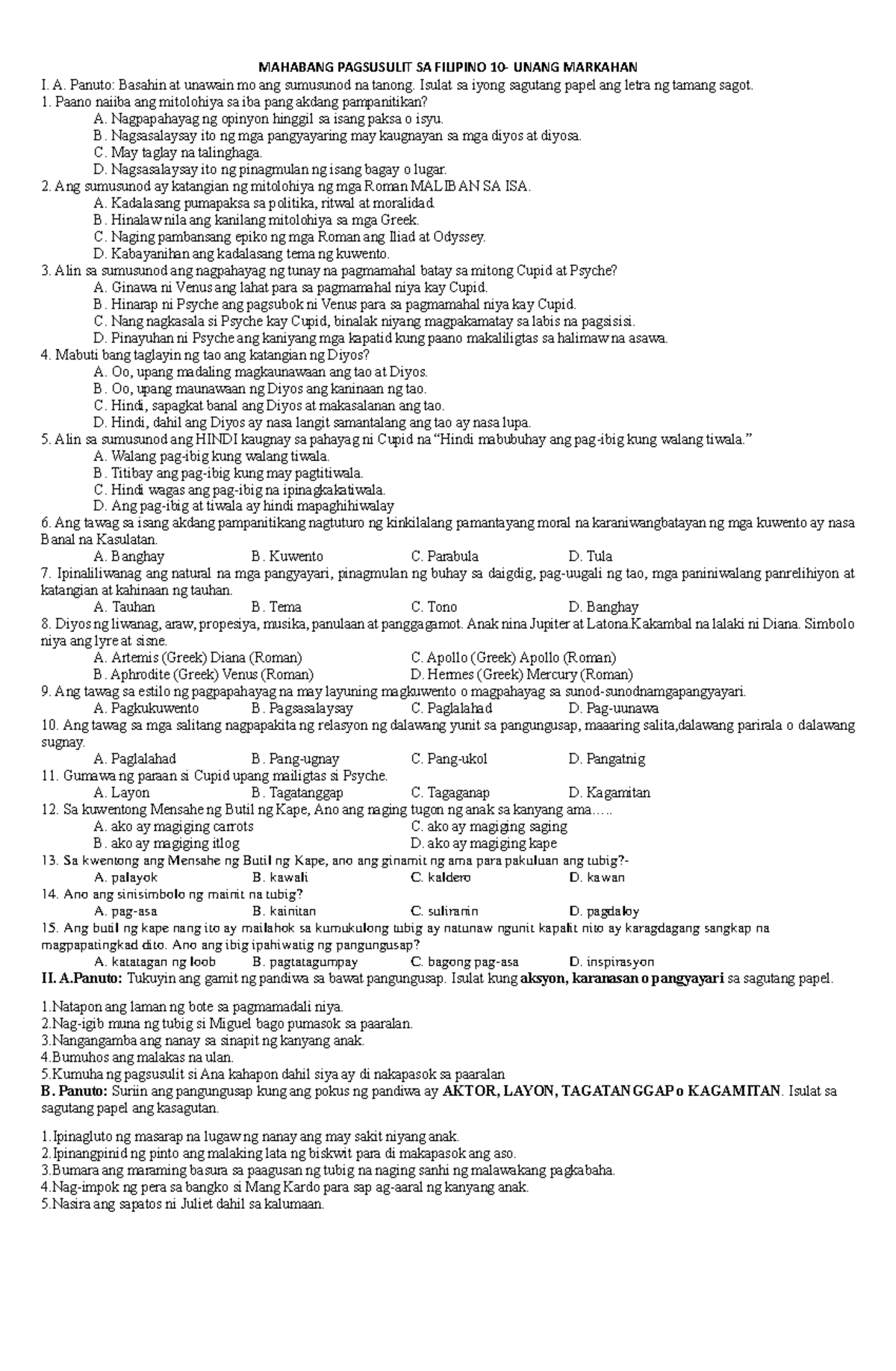 Mahabang Pagsusulit SA Filipino 10 week 1 3 - MAHABANG PAGSUSULIT SA ...