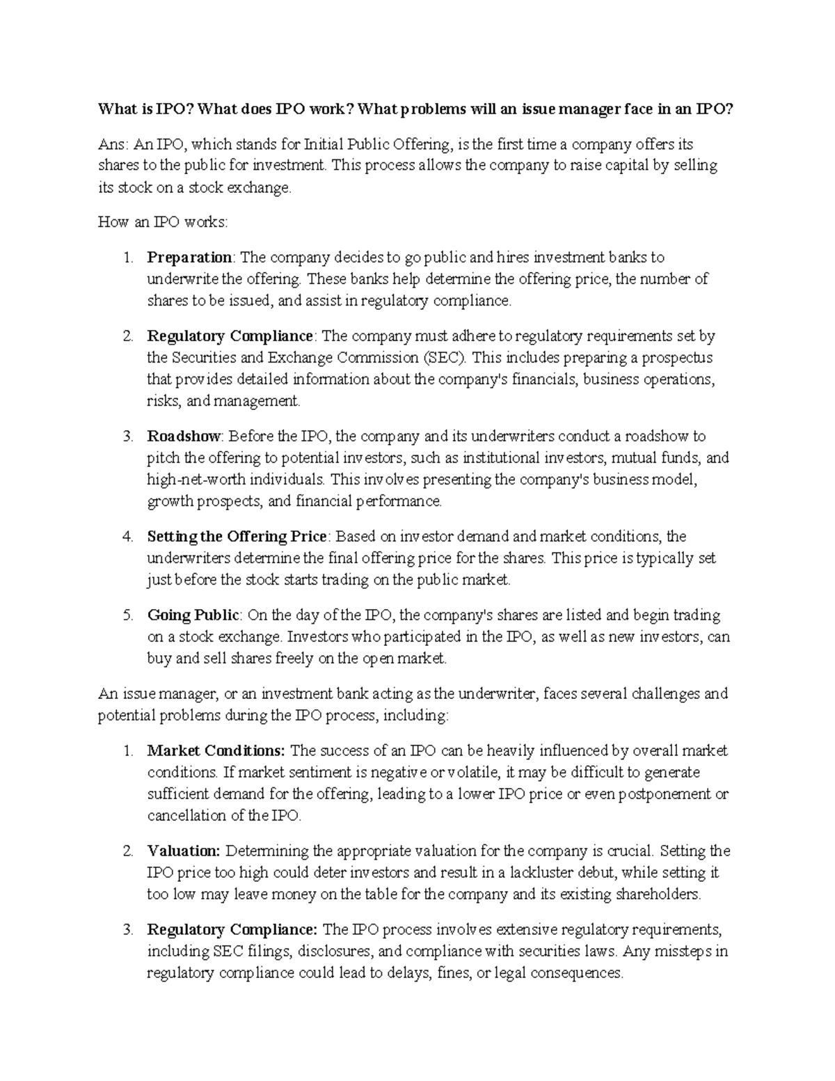 FIN433 Mid 2 - What is IPO? What does IPO work? What problems will an ...