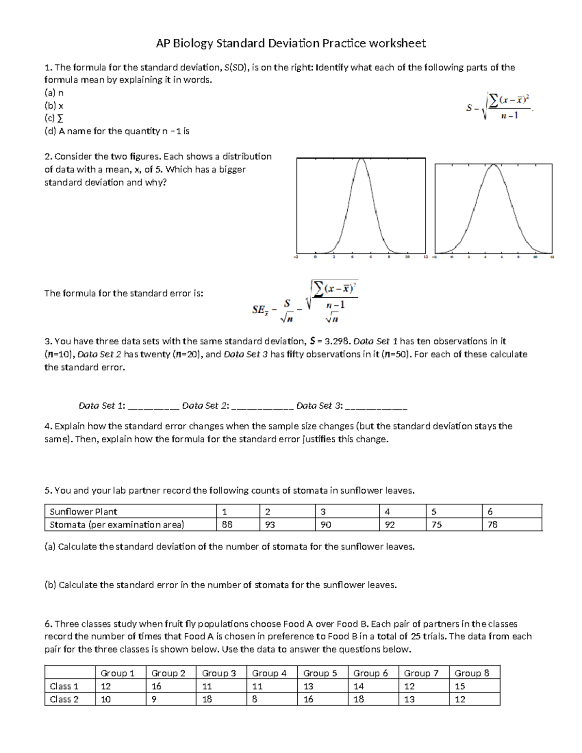 AP Biology Standard Deviation - (a) n (b) x (c) ∑ (d) A name for the ...
