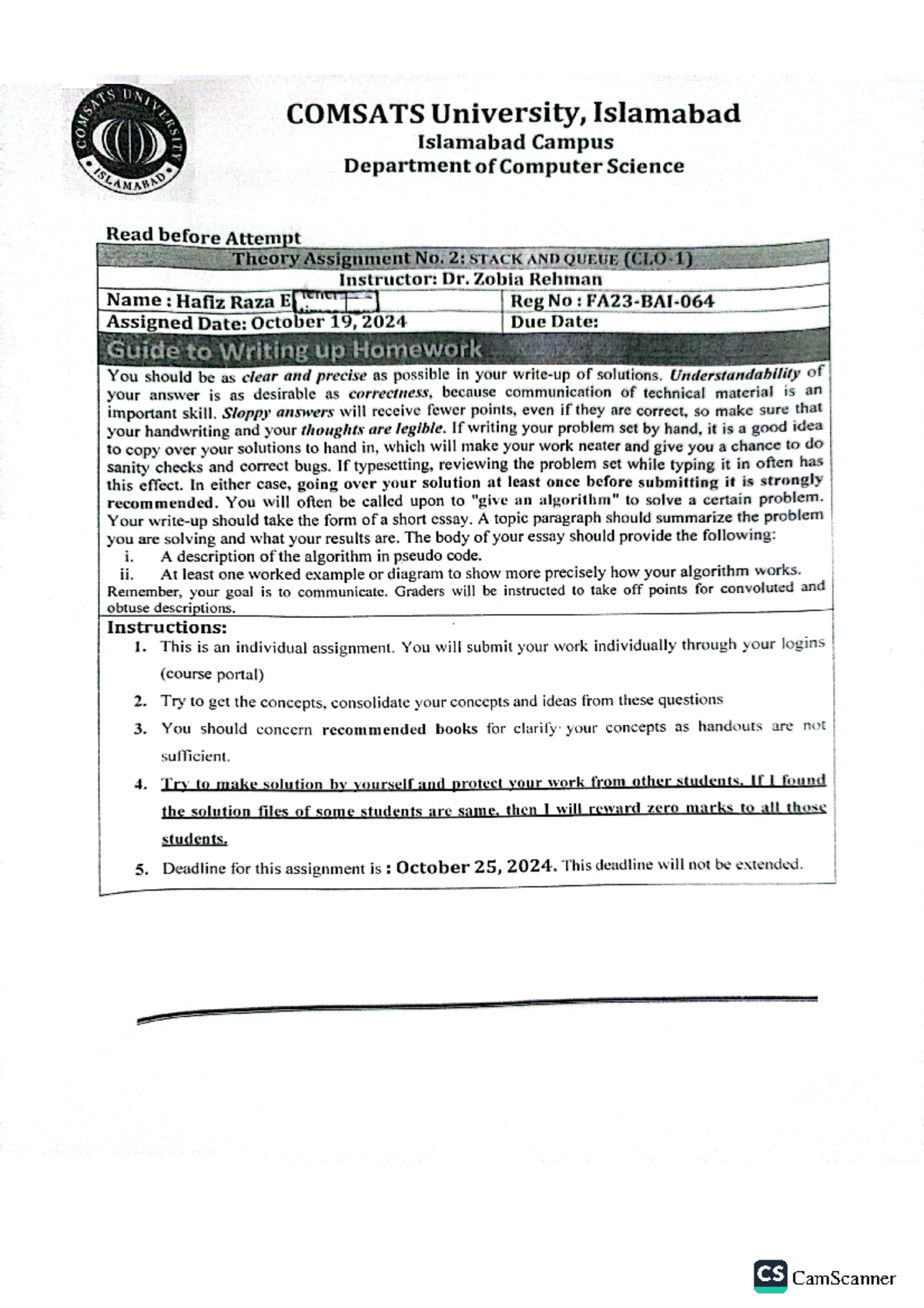 Answer for Assignment 2 - DEPARTMENT D COMSATS University, Islamabad Islamabad Campus ISLAMAHAD ...