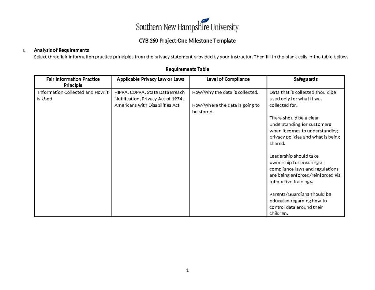 CYB 260 Project One Milestone Template - Analysis of Requirements ...