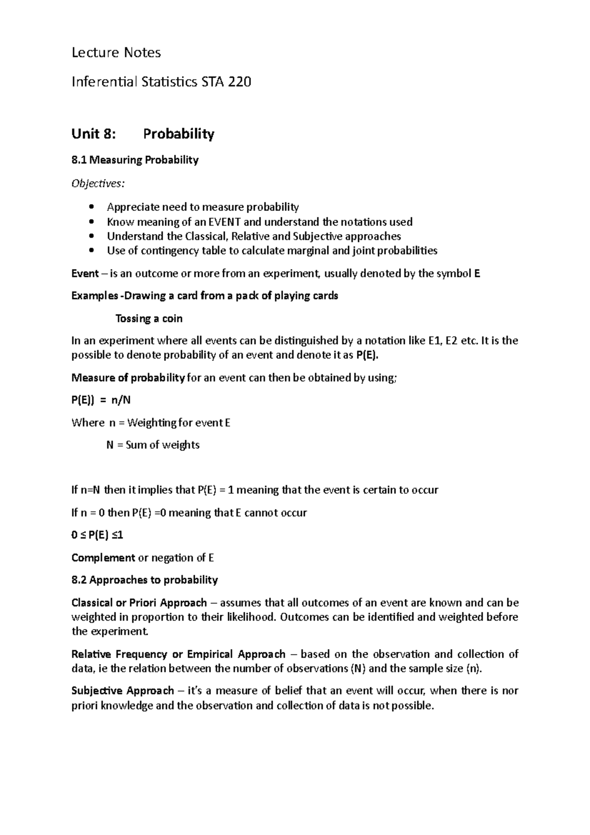 Lecture Notes Probability STA 220 - Lecture Notes Inferential ...