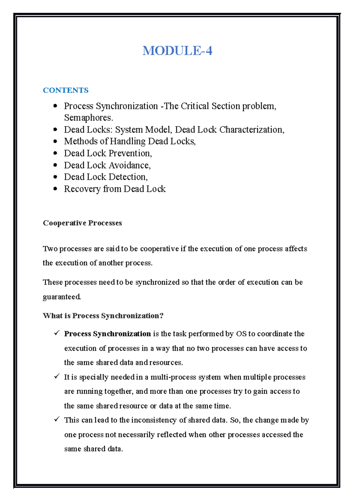 OS-MOD-4 - Operating System - MODULE- CONTENTS Process Synchronization -The Critical Section ...