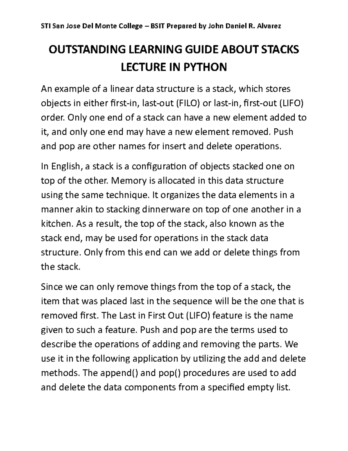 Outstanding Learning Guide About Stacks Lecture in Python - OUTSTANDING ...