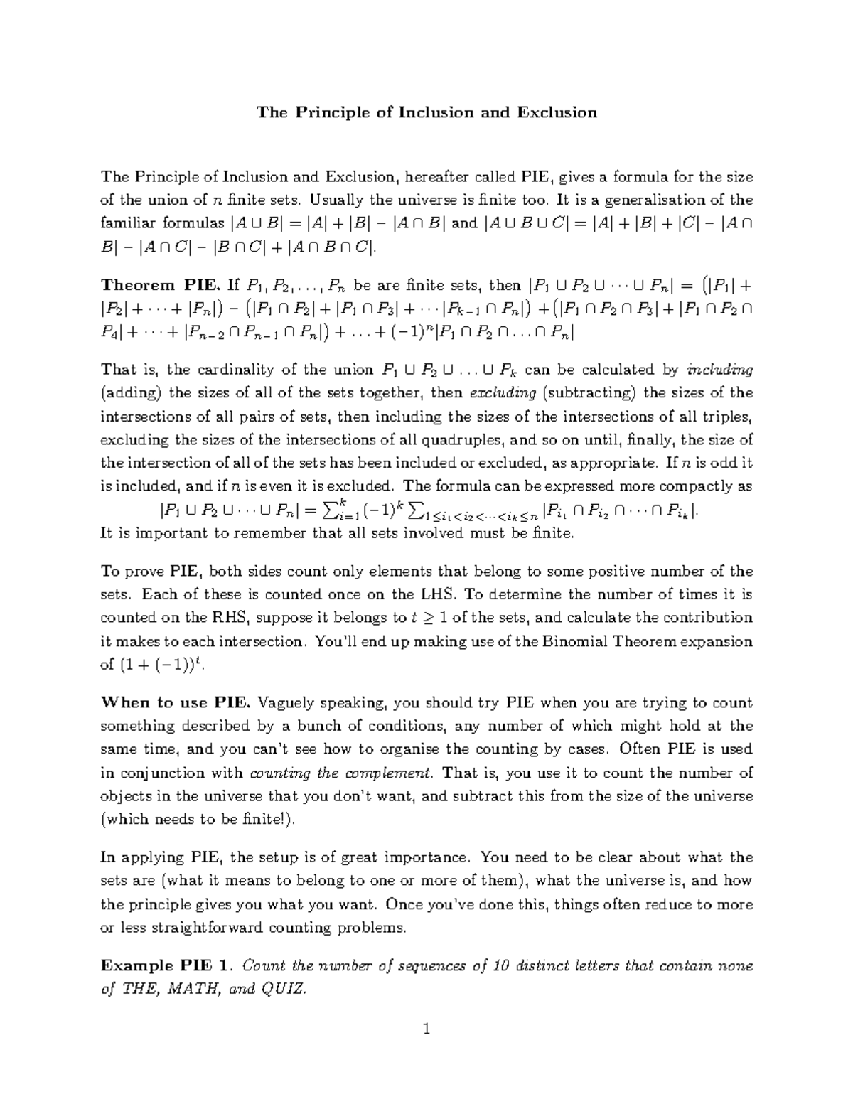 PIE - Notes on Inclusion-Exclusion - The Principle of Inclusion and ...