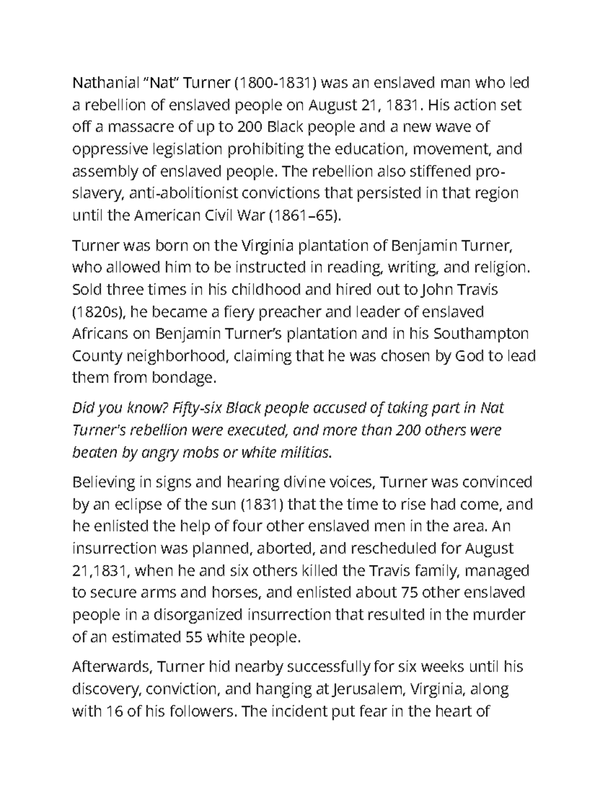 Nat Turner Notes - Nathanial “Nat” Turner (1800-1831) was an enslaved ...