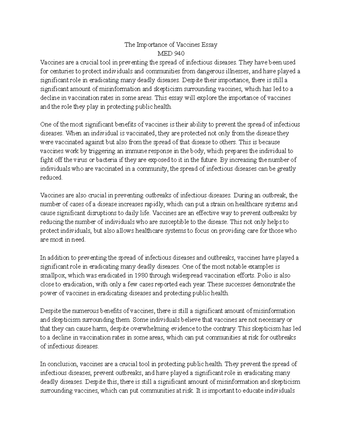 The Importance of Vaccines Essay - They have been used for centuries to ...