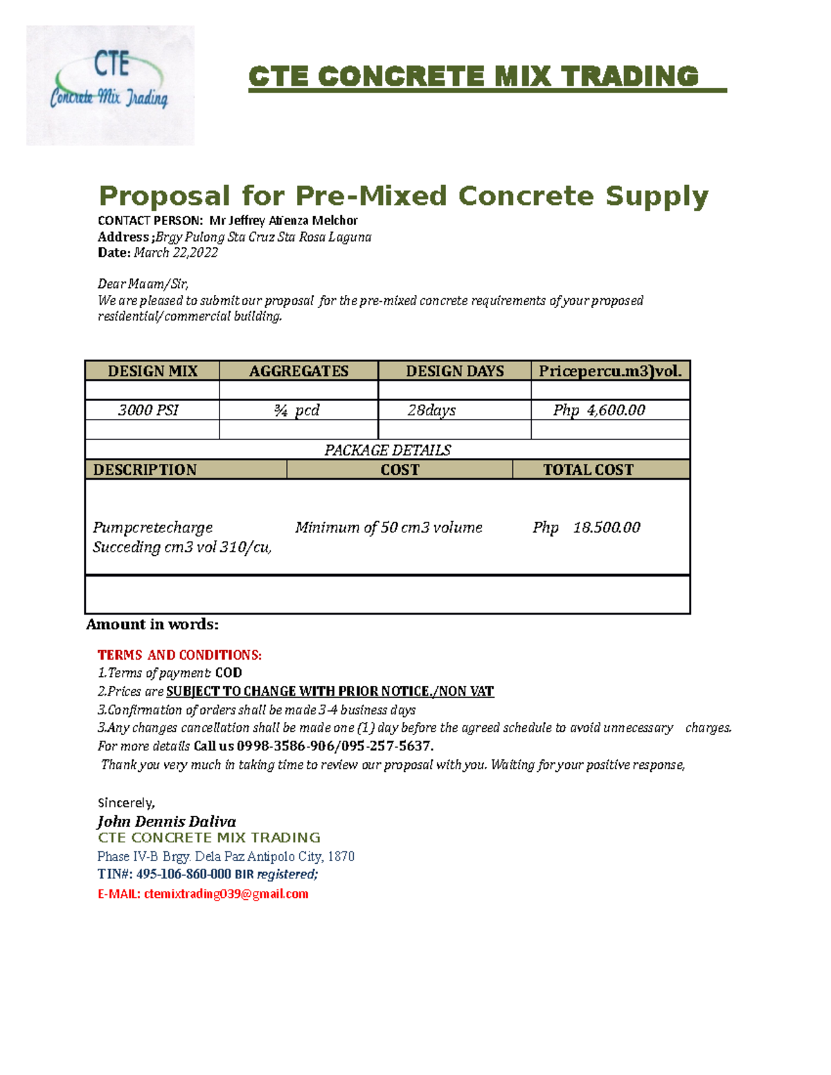 Proposal STA CRUZ Laguna - CTE CONCRETE MIX TRADING Proposal for Pre-Mixed Concrete Supply ...