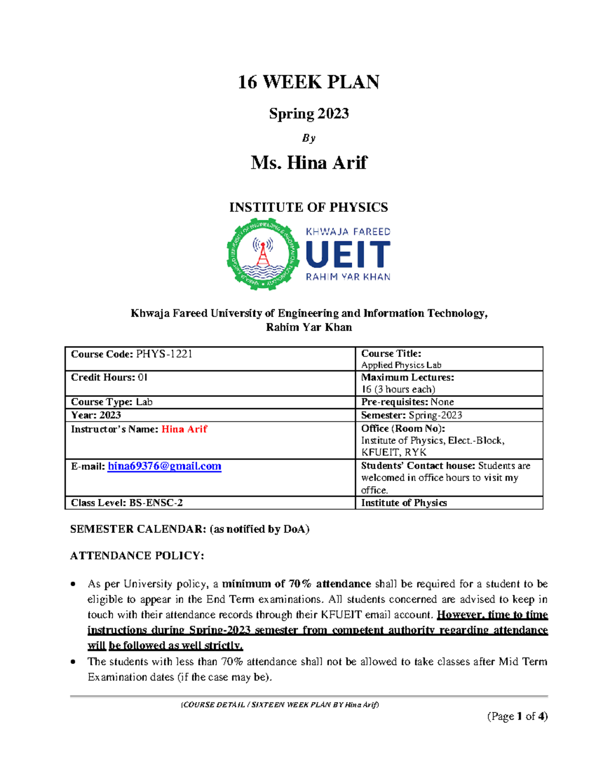Lab applied. phy. (ENSC)[1221] - (COURSE DETAIL / SIXTEEN WEEK PLAN BY ...