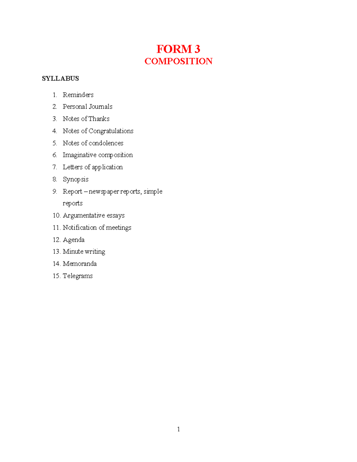 Functional Writing Notes F3 - FORM 3 COMPOSITION SYLLABUS 1. Reminders ...