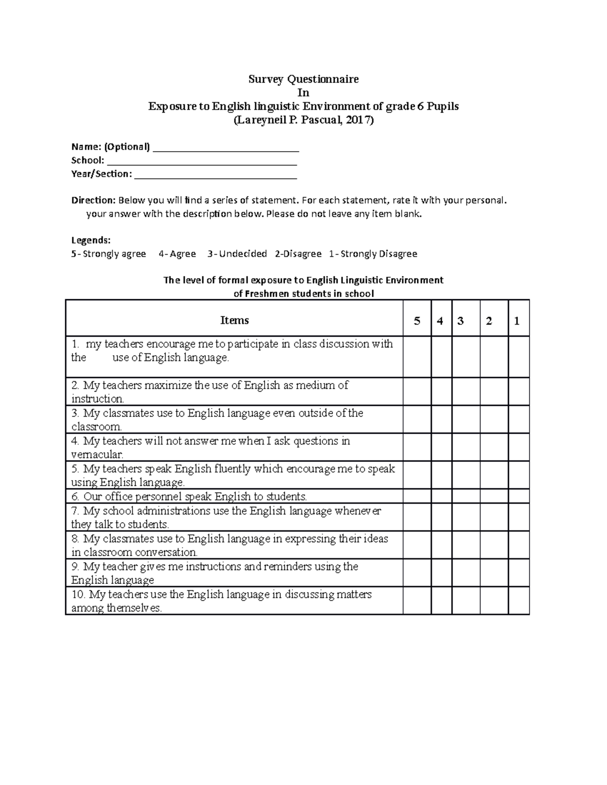 Survey-Questionnaire - Survey Questionnaire In Exposure to English ...