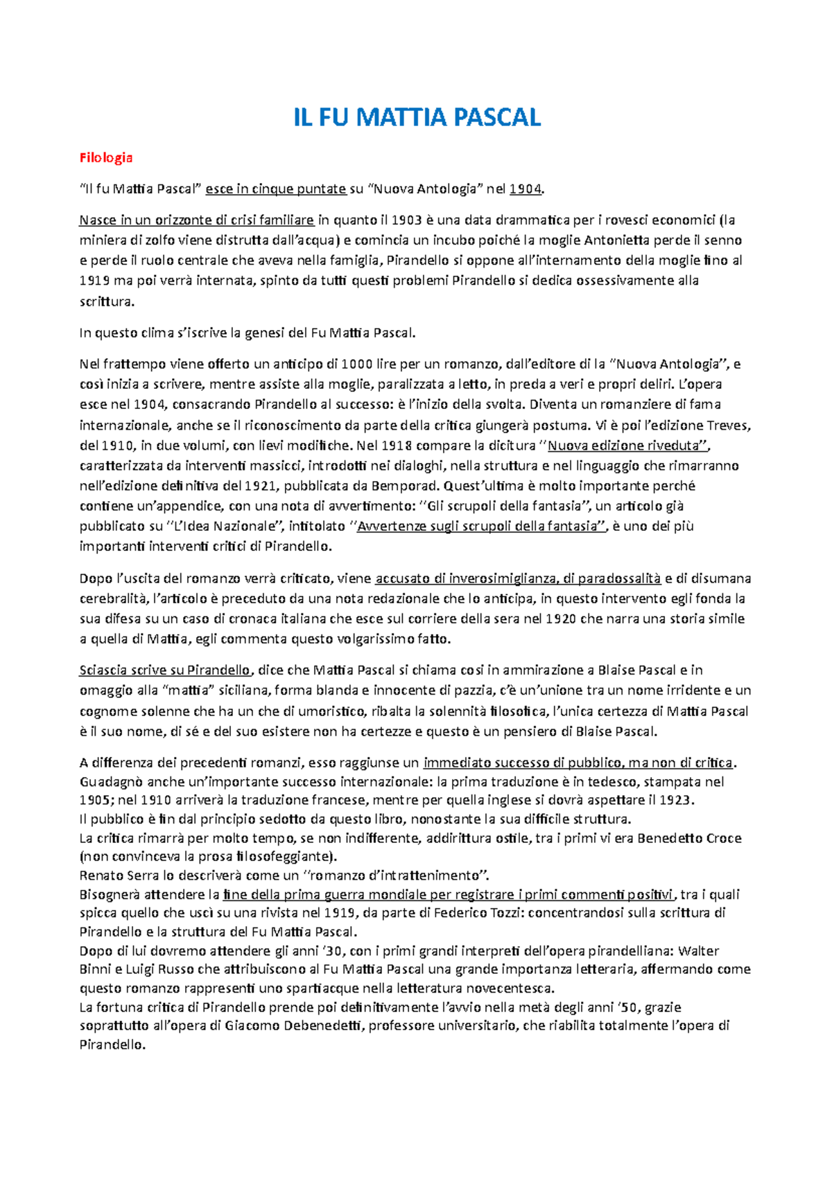 Il fu Mattia Pascal, Luigi Pirandello - IL FU MATTIA PASCAL Filologia ...