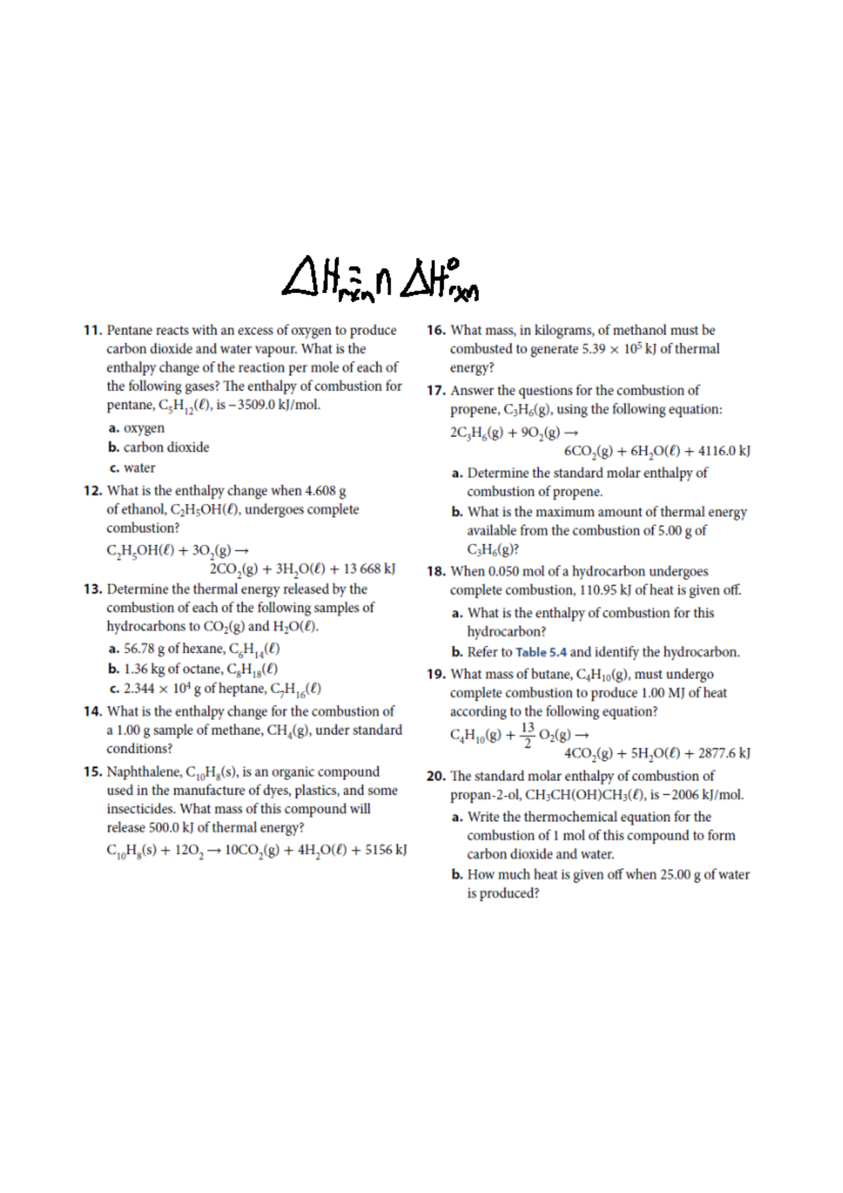Additional Molar Enthalpy Problems - Attan Altixn 11. Pentane reacts ...