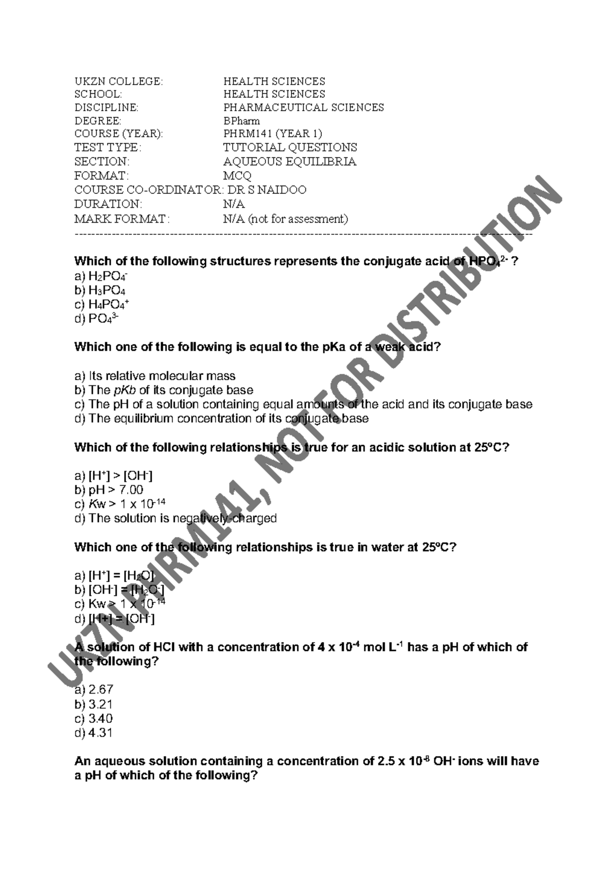 PHRM 141 Aq Equilib Tutorial - UKZN COLLEGE: HEALTH SCIENCES SCHOOL ...