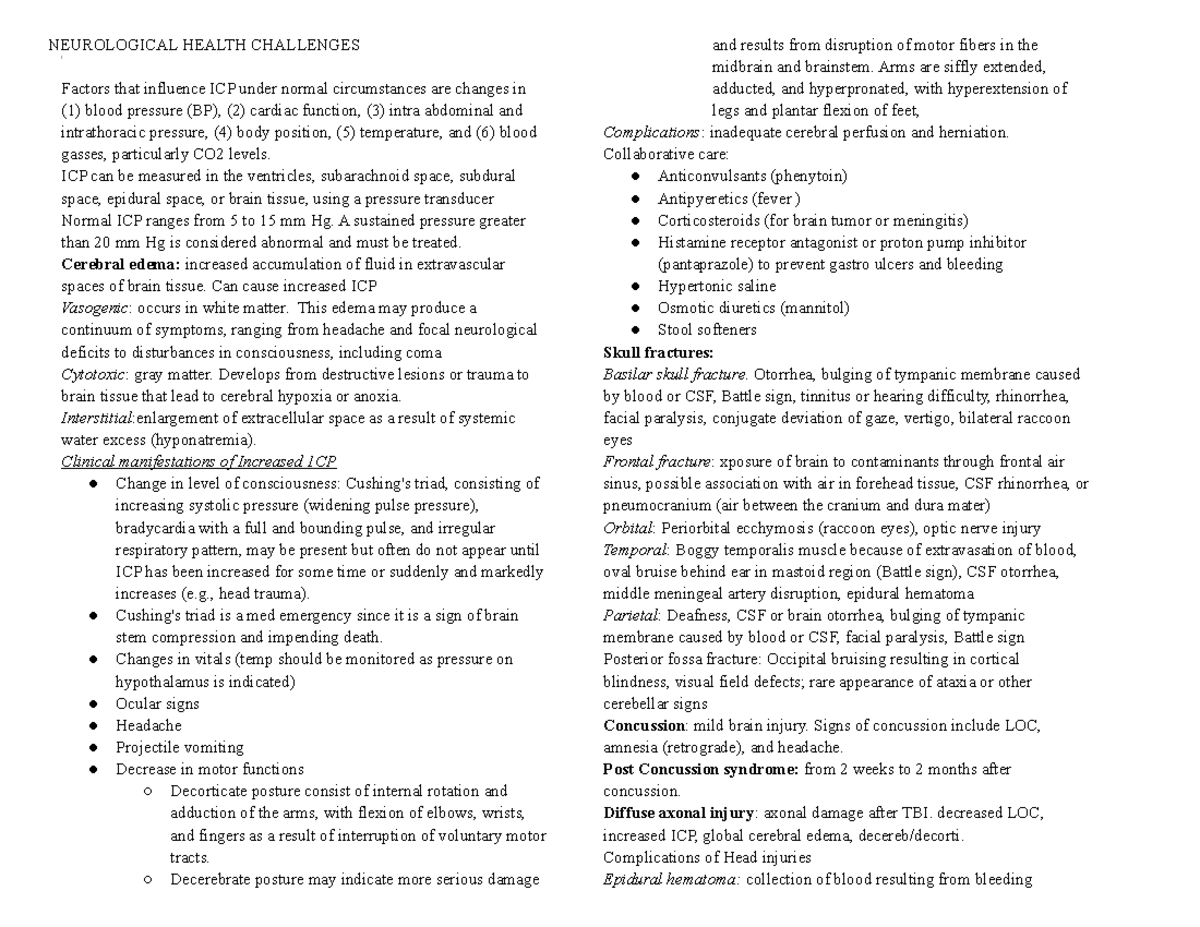 Neurological - chapter review - NEUROLOGICAL HEALTH CHALLENGES Factors that influence ICP under ...