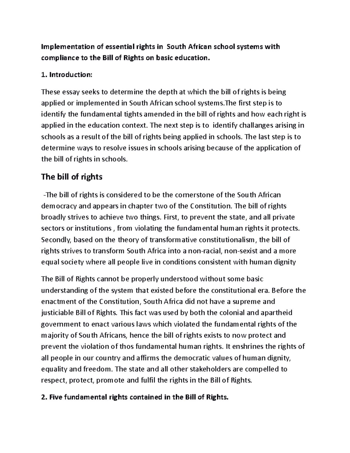 Assignment ONE - Introduction to Constitution of South Africa ...